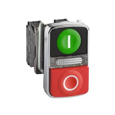 Pulsador Doble Verde Rasante/Rojo Saliente, luminoso, metálico, 1NA+1NC, led 24VAC/DC - XB4BW73731B5